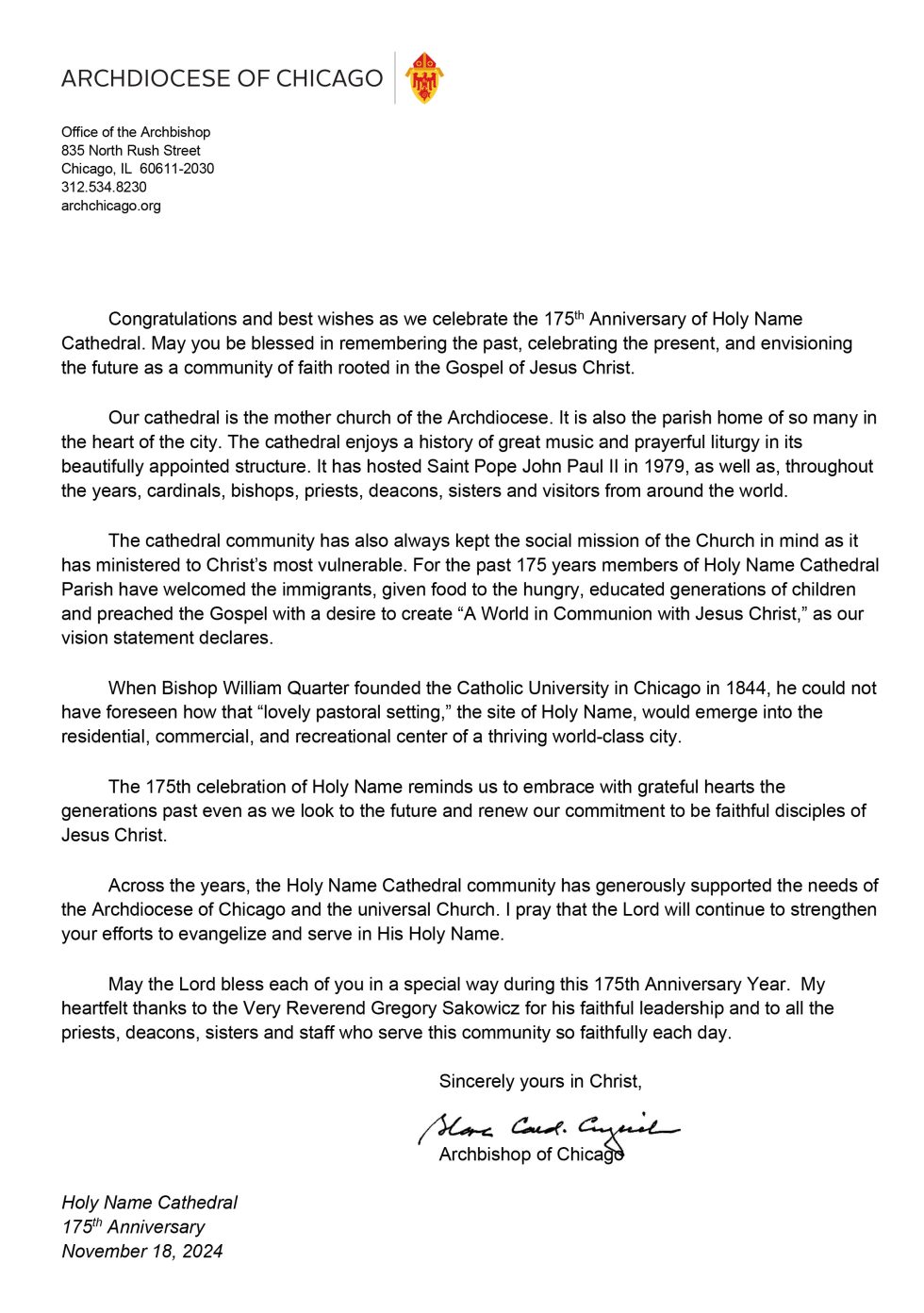 Letter from the Cardinal | Holy Name Cathedral Parish