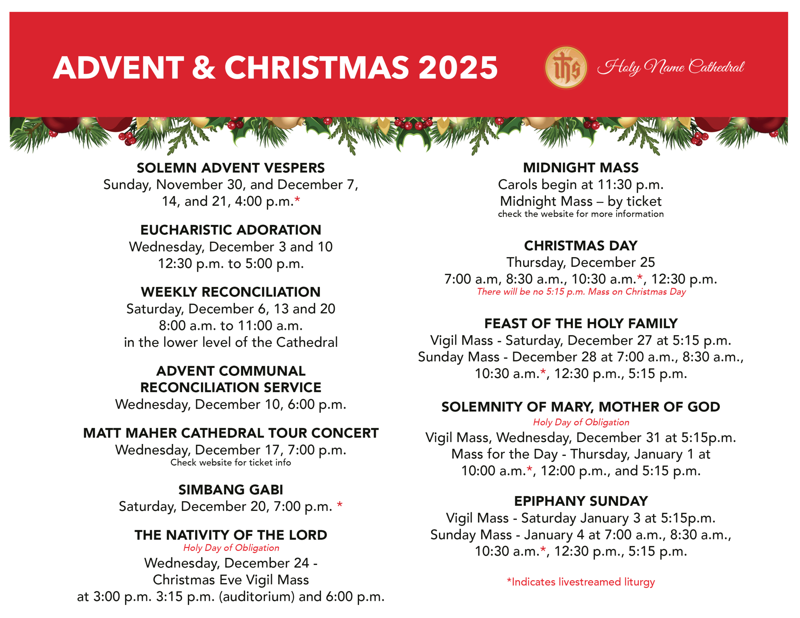 Mass & Presider Schedule | Holy Name Cathedral Parish